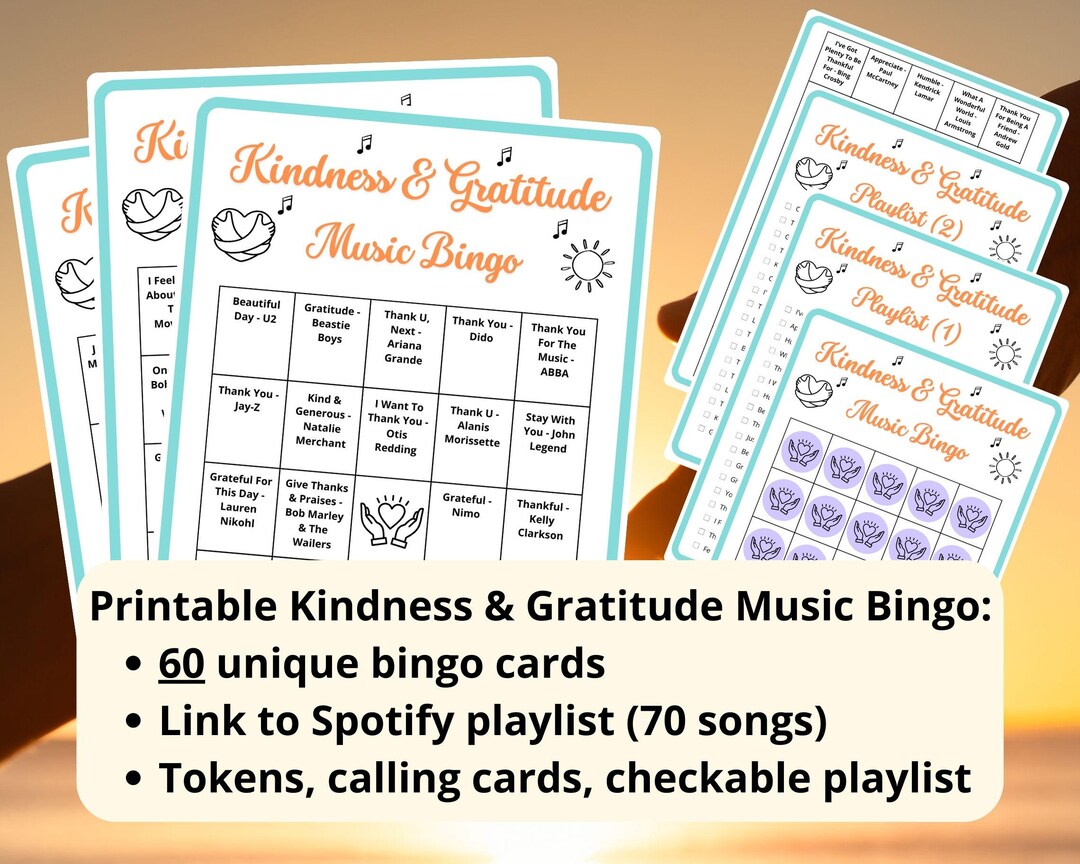 60 Kindness & Gratitude Music Bingo Cards Kindness Bingo Gratitude ...