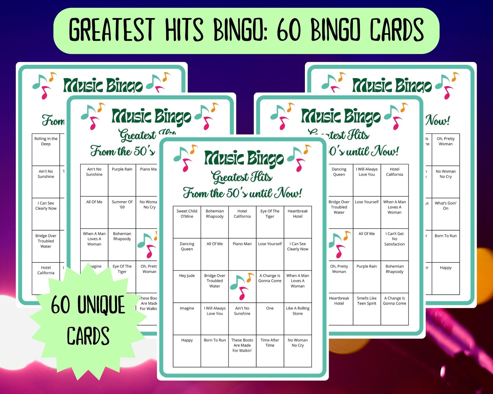 60 Greatest Hits Music Bingo Cards - Music Bingo - 50s 60s 70s 80s ...