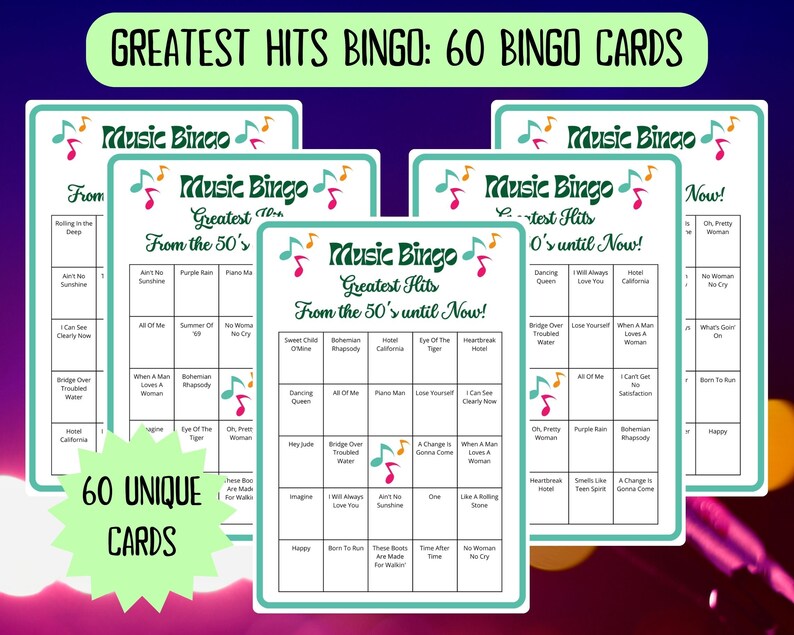60 Greatest Hits Music Bingo Cards - Music Bingo - 50s 60s 70s 80s ...