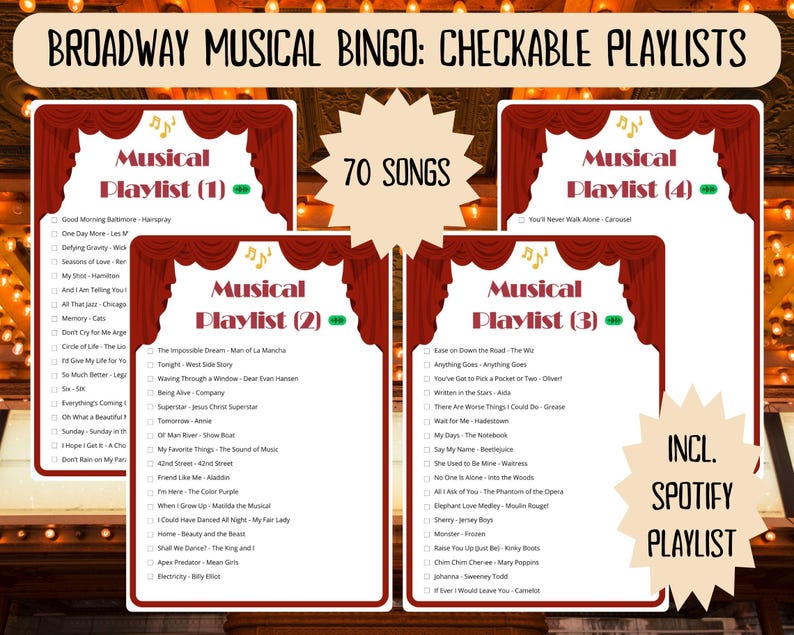 100 Broadway Musical Music Bingo Cards - Musical Bingo - Printable ...