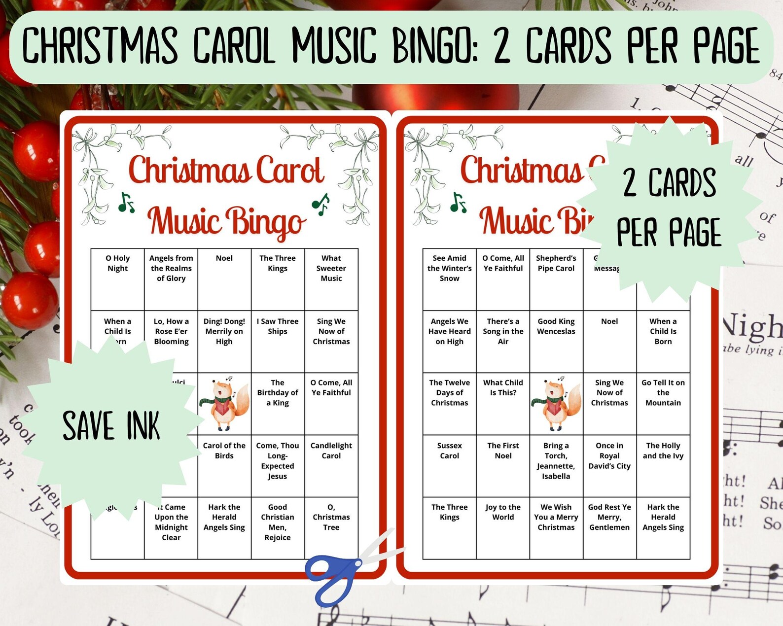 20 Christmas Carol Music Bingo Cards - Christmas Bingo - Family Reunion ...