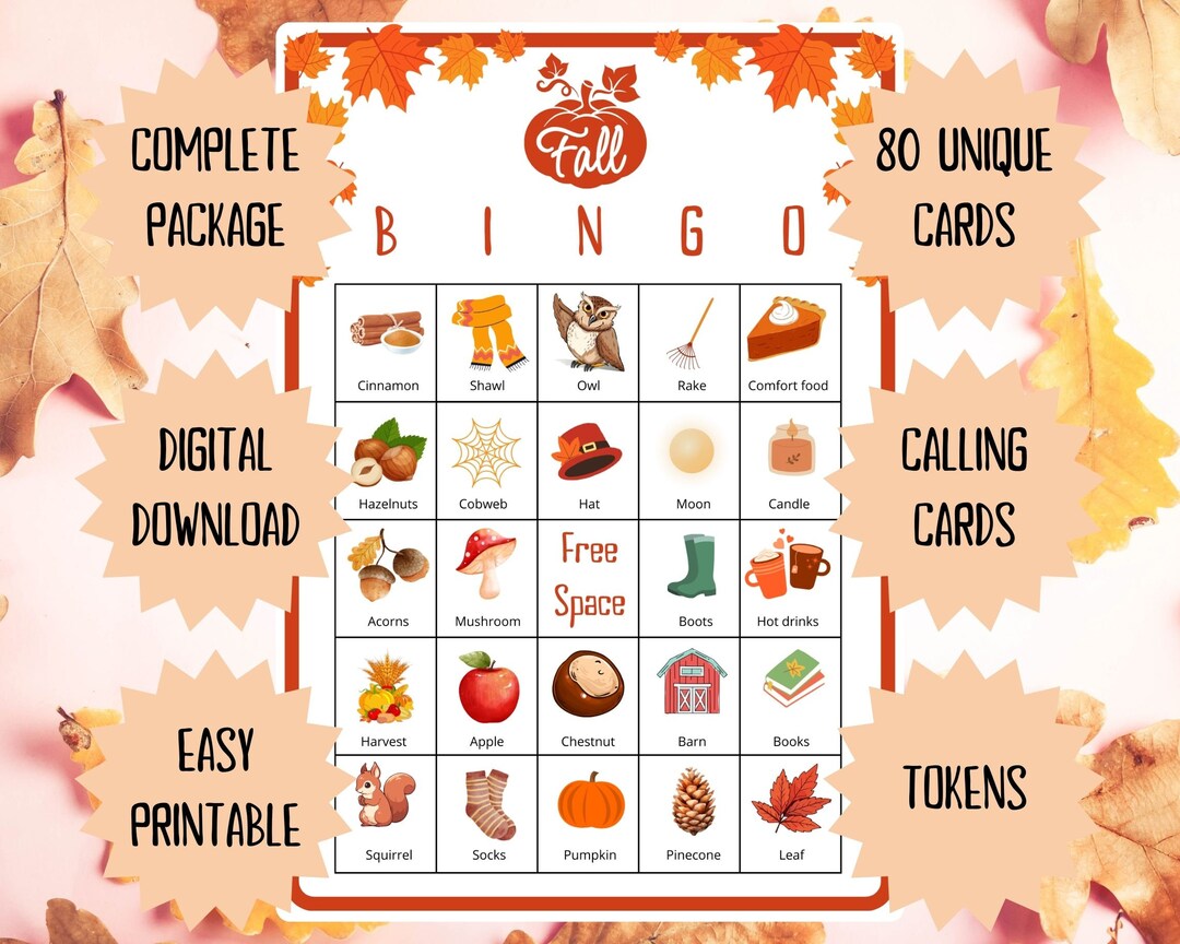 80 Fall Bingo Cards Fall Festival Family Game Night Fall Bingo Kids ...