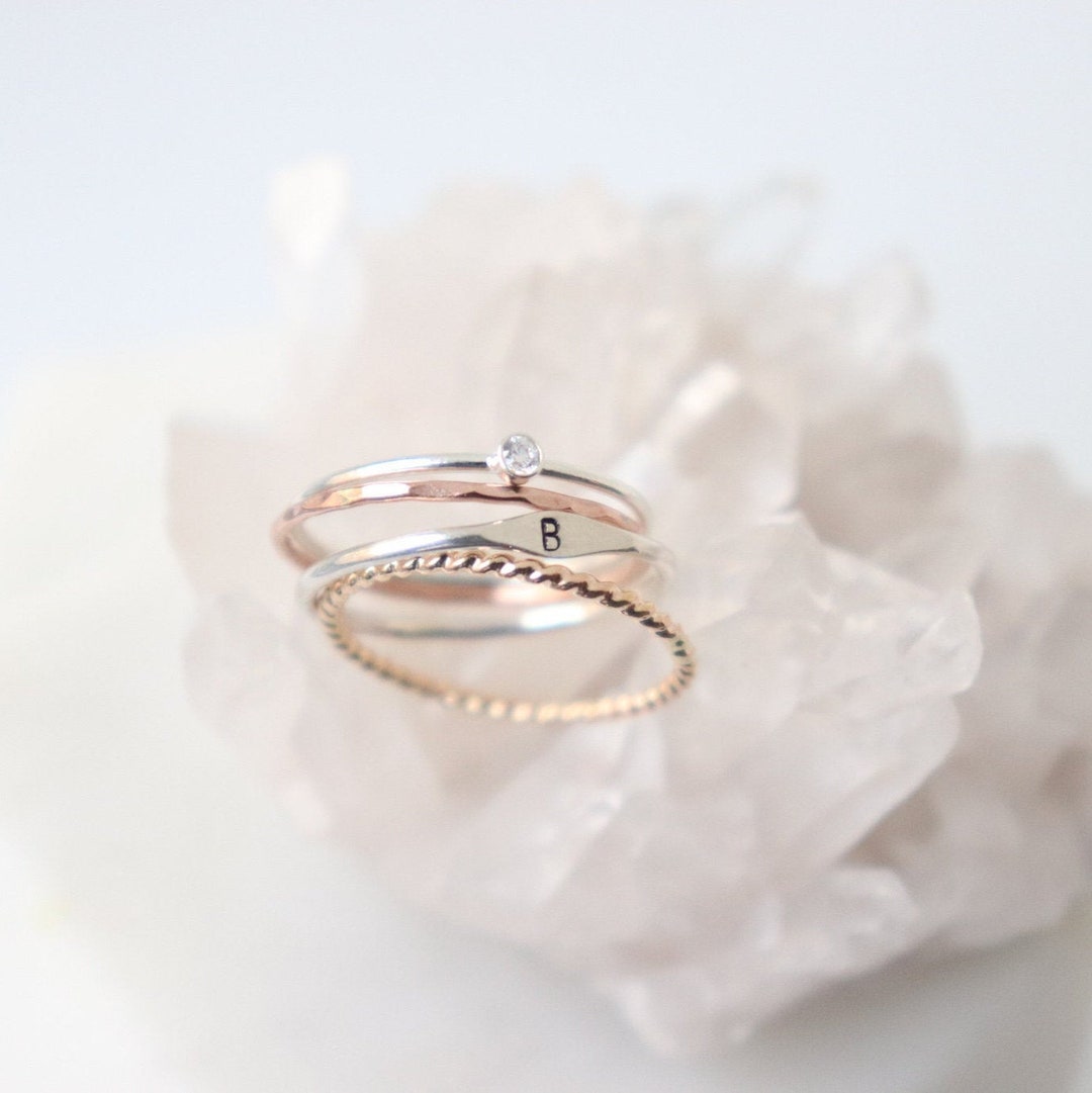 Personalized Stacking Ring Set of FOUR. Initial Ring. 2mm Cz Diamond ...