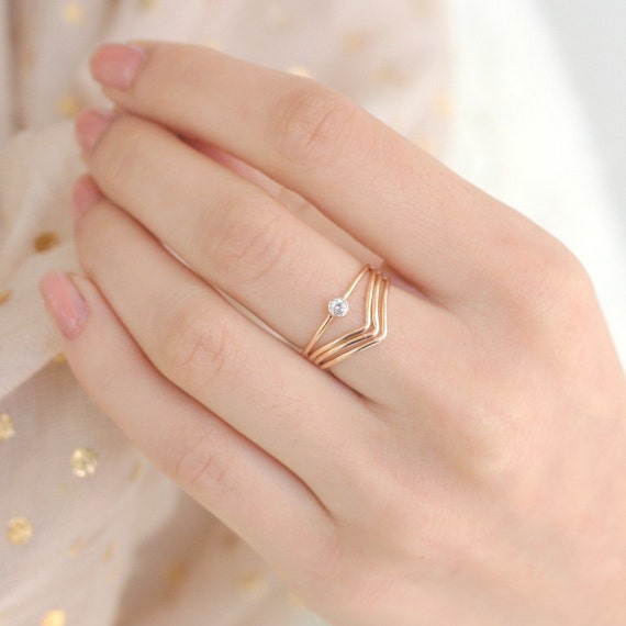 gold ring set of FOUR. chevron diamond ring. gold filled stacking rings. engagement ring wedding ring set. modern geometric gold rings