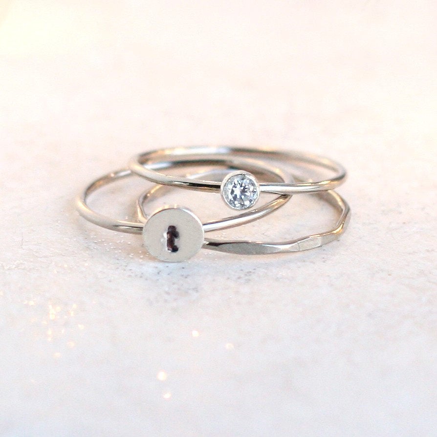 WHITE Gold Stacking Rings. Birthstone Ring. Initial Ring. SET. | Etsy