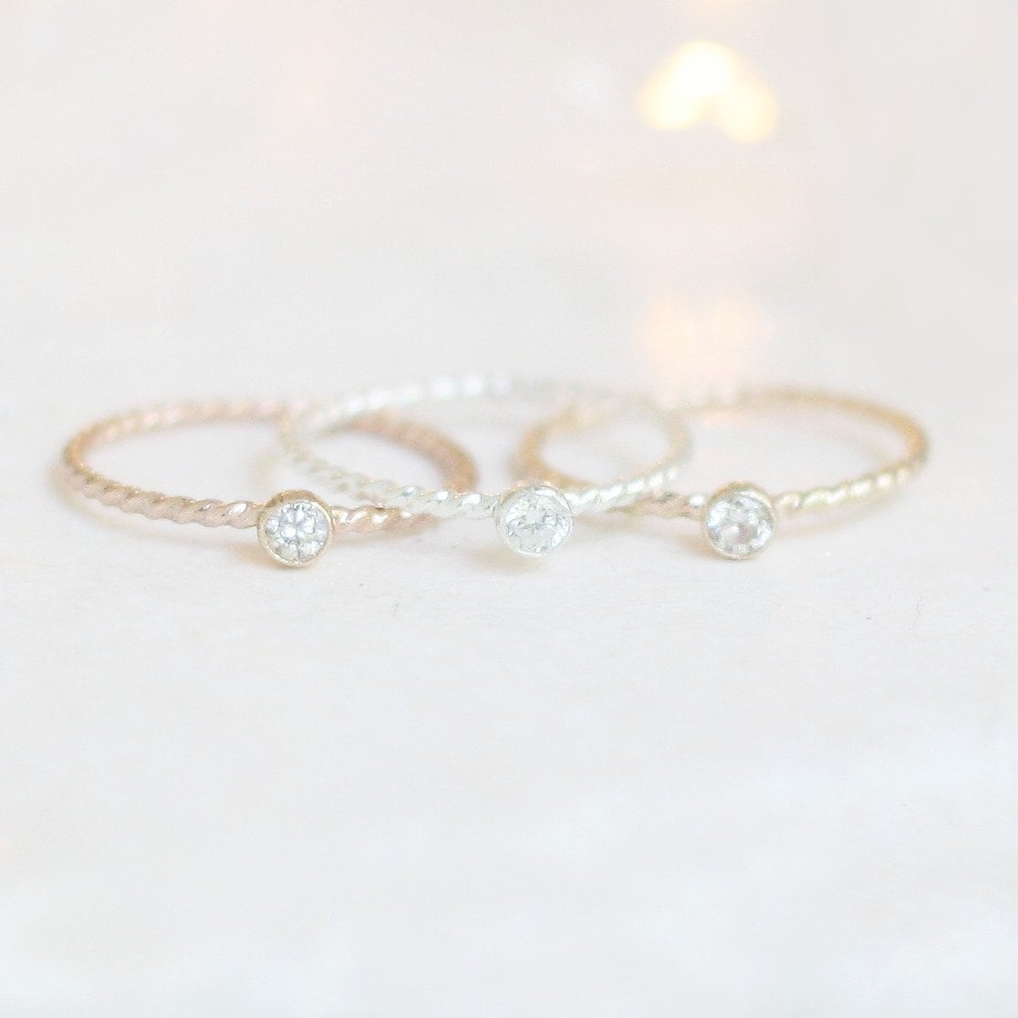 Rose gold stacking ring. TWIST birthstone ring. ONE cz diamond | Etsy