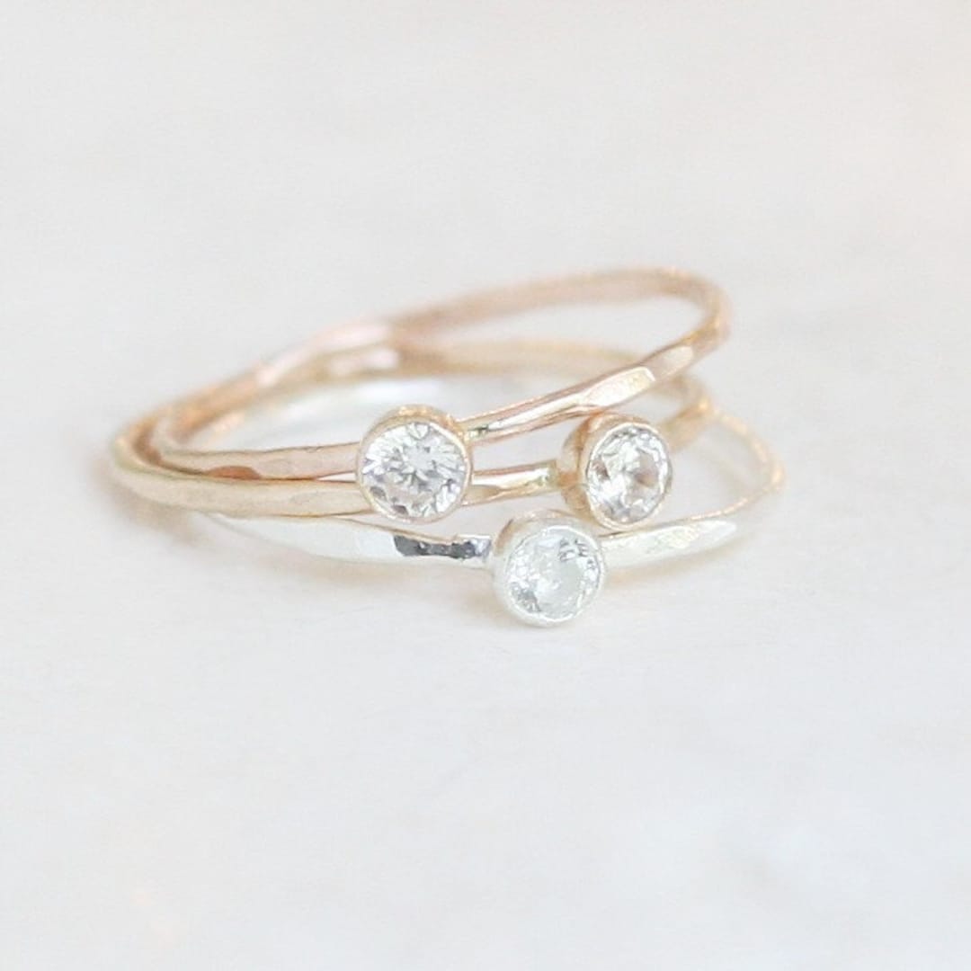 Stackable Rings. THREE Birthstone Stacking Ring Set. PEBBLED Sterling ...