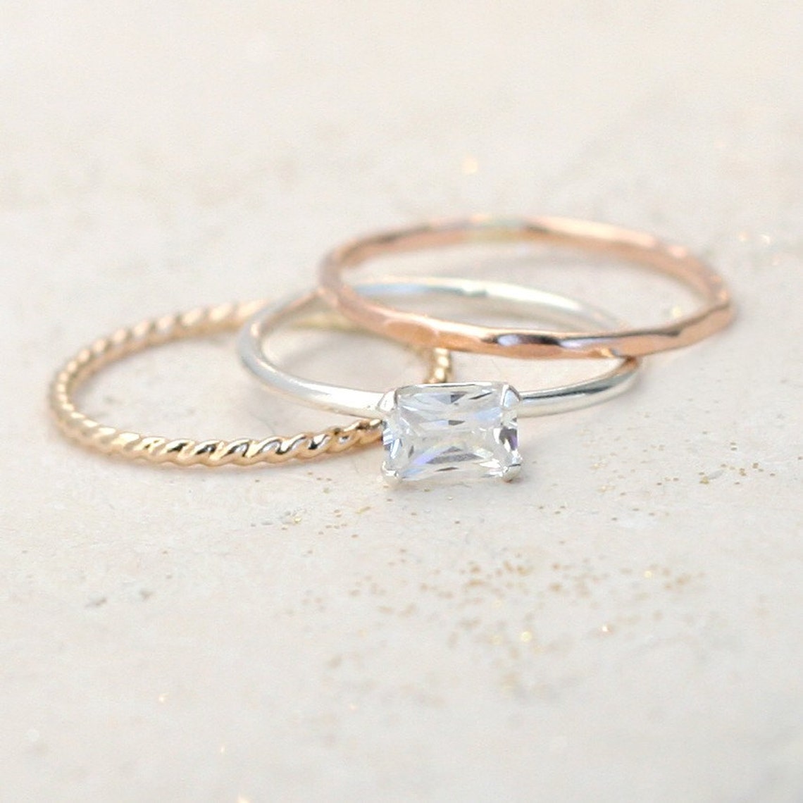 Stacking Ring Set. Mixed Metal Stacking Rings. Cz Diamond - Etsy