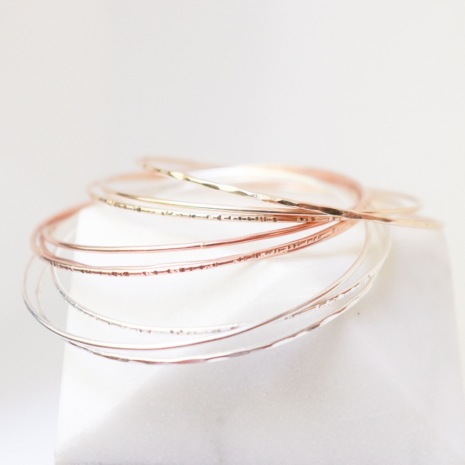 Gold Stacking Bracelet. Set of THREE Bangles. 14k Gold Filled Hammered ...