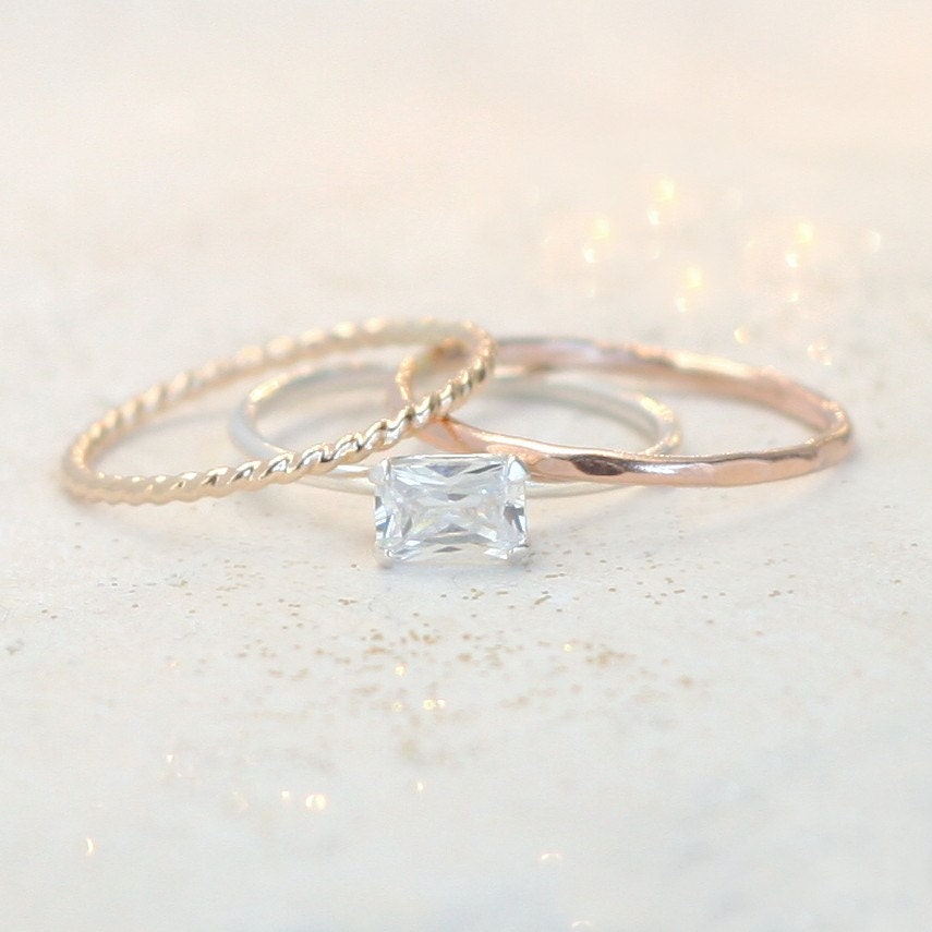 Stacking Ring Set. Mixed Metal Stacking Rings. Cz Diamond - Etsy