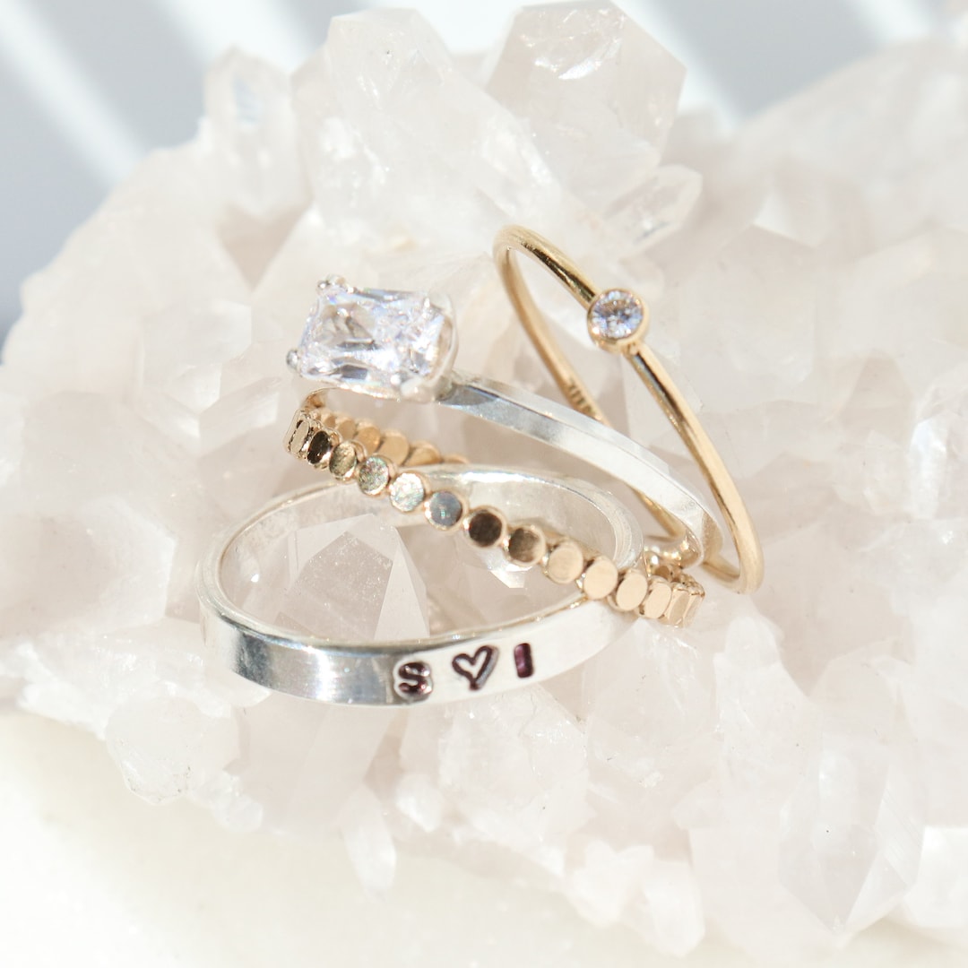 Stackable Wedding Ring SET of FOUR Rings. Personalized Initial Couples ...
