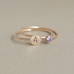 SOLID 14k Gold Stacking Ring SET. Initial Ring. Gold Cz Diamond Ring ...