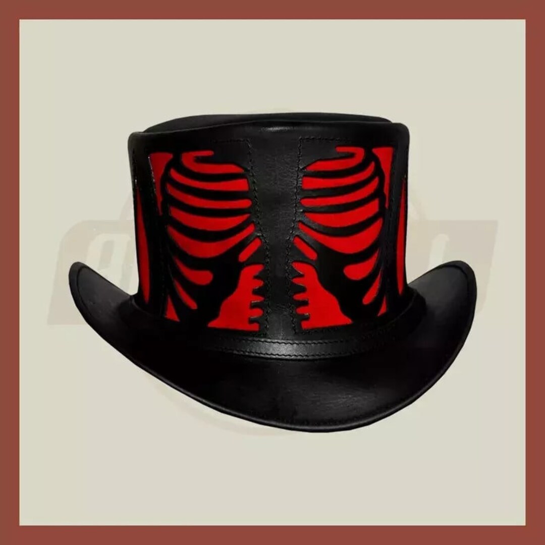 Top Hat Skeleton Red Ribs Style Steampunk Black Leather Biker Hat With ...