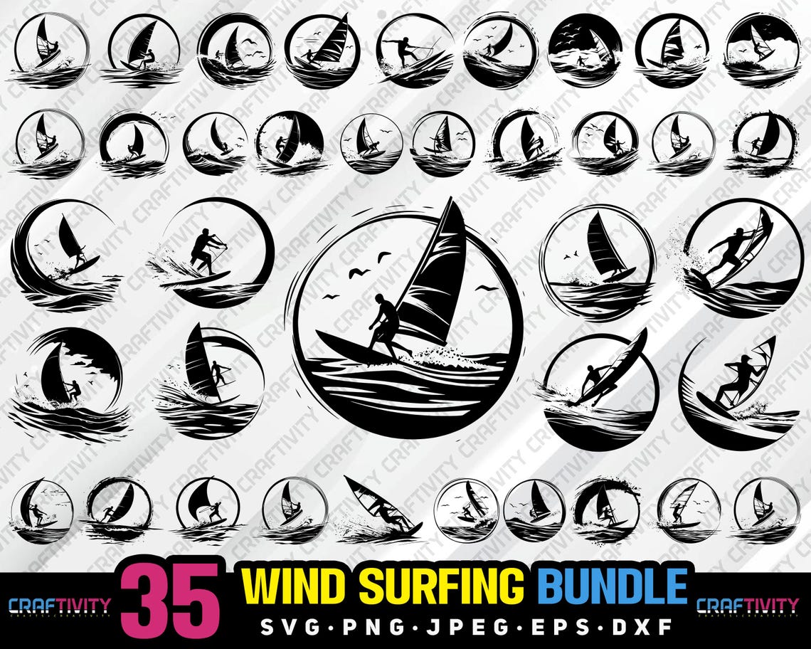Wind Surfing Bundle Svg Png Jpeg Eps Dxf Bundle Silhouette Clipart ...