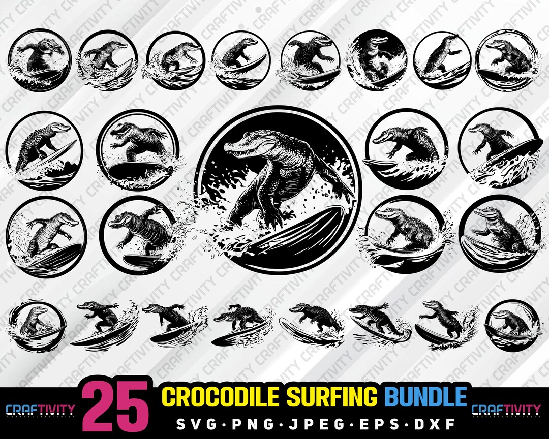 Crocodile Surfing Bundle Svg Png Jpg Eps Dxf Engrave Silhouette Clipart ...