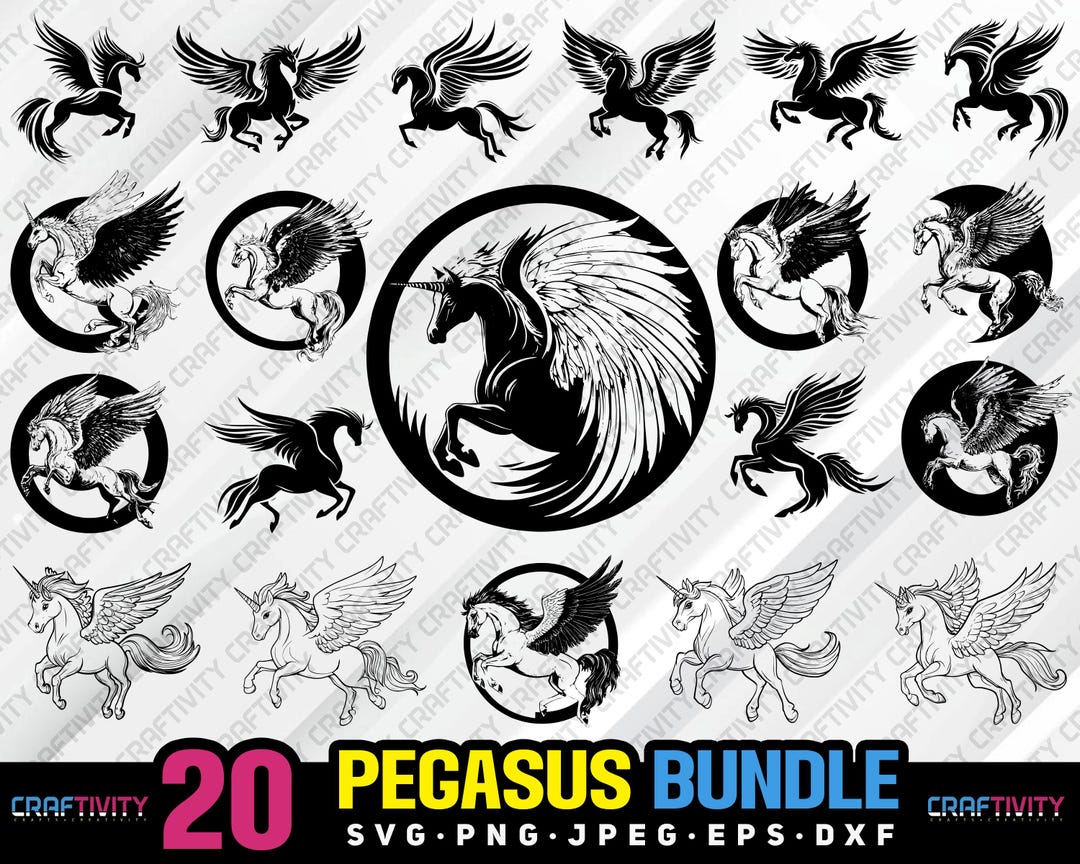 Pegasus Bundle Svg Png Jpeg Eps Dxf Engrave Silhouette Clipart Cricut Laser Vector Commercial ...