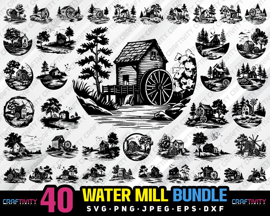 Water Mill Bundle Svg Png Jpeg Eps Dxf Bundle Silhouette Clipart Cricut ...