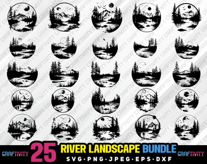 River Scene Bundle Custom Svg Png Jpeg Eps Dxf Bundle Silhouette Cricut ...
