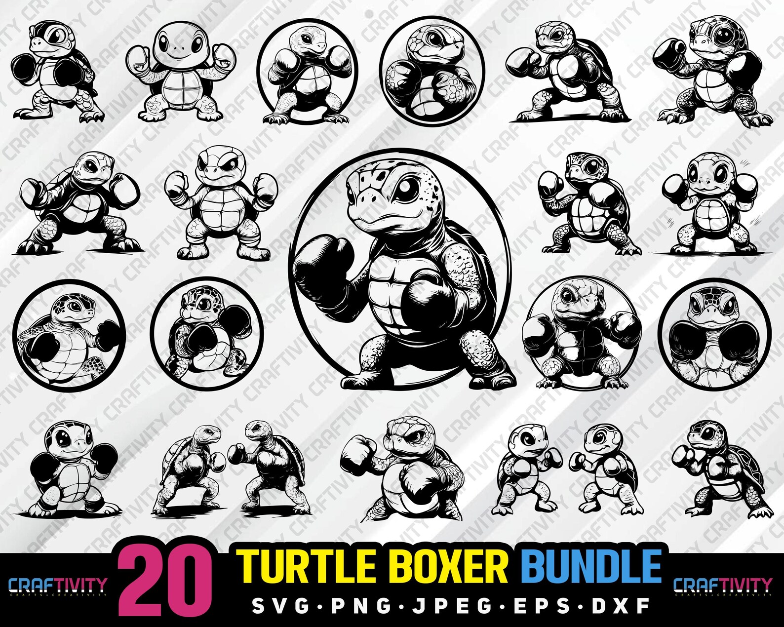 Turtle Boxer Bundle Svg Png Jpeg Eps Dxf Engrave Silhouette Clipart Cricut Laser Vector ...