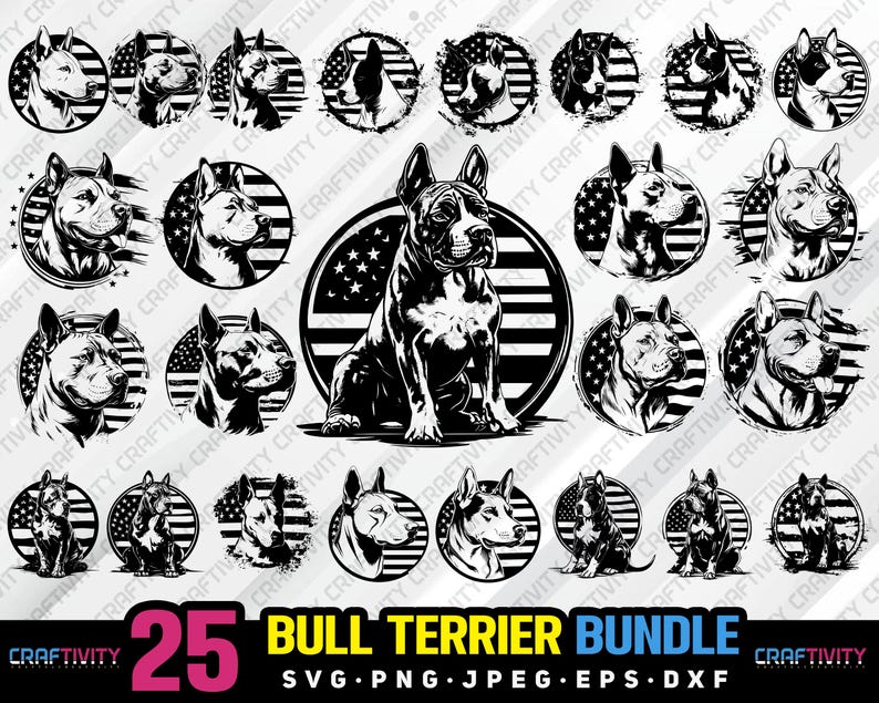 Bull Terrier Bundle Svg Png Jpeg Eps Dxf Engrave Silhouette Clipart ...