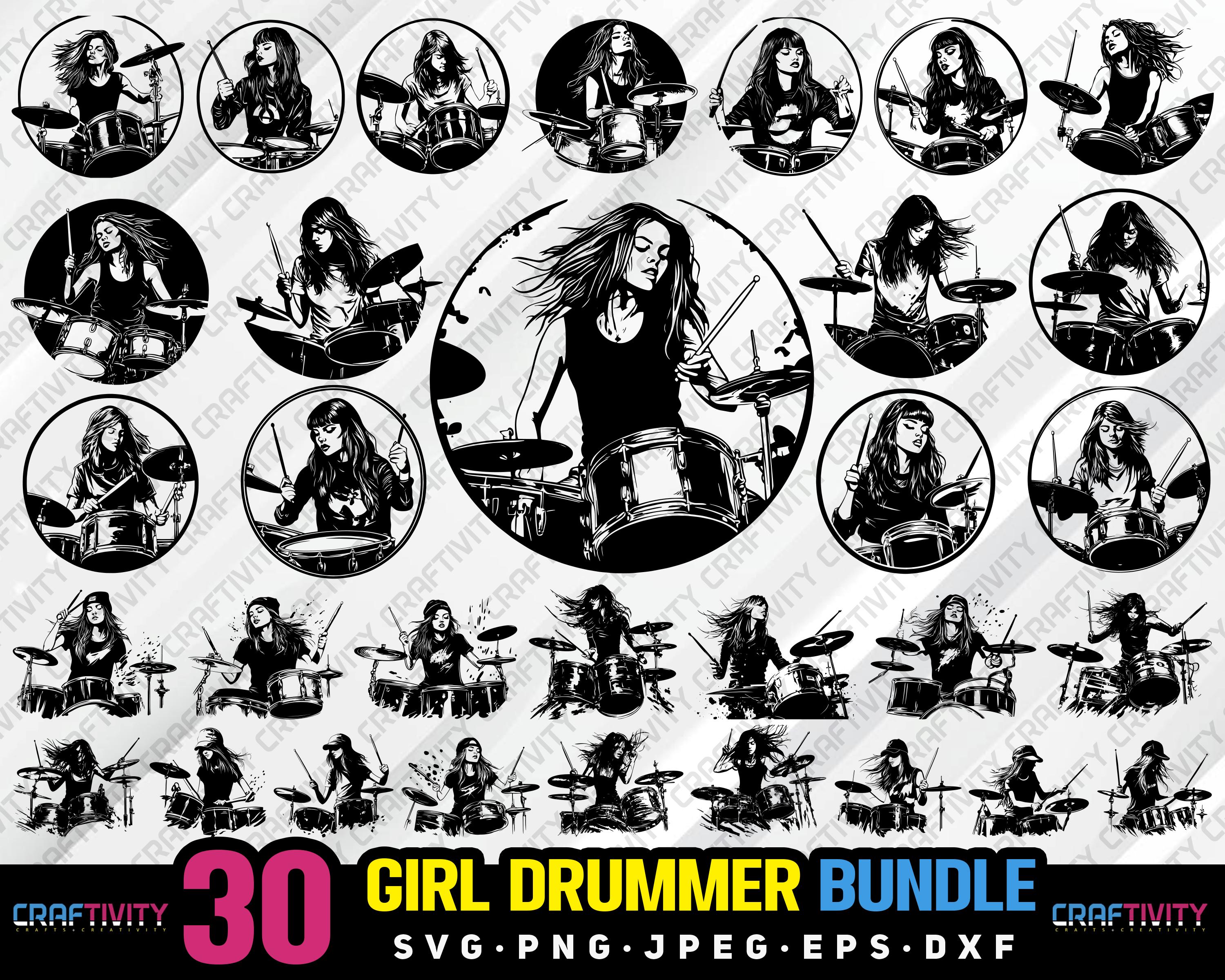 Girl Drummer Svg Png Jpeg Eps Dxf Bundle Silhouette Clipart Cricut ...