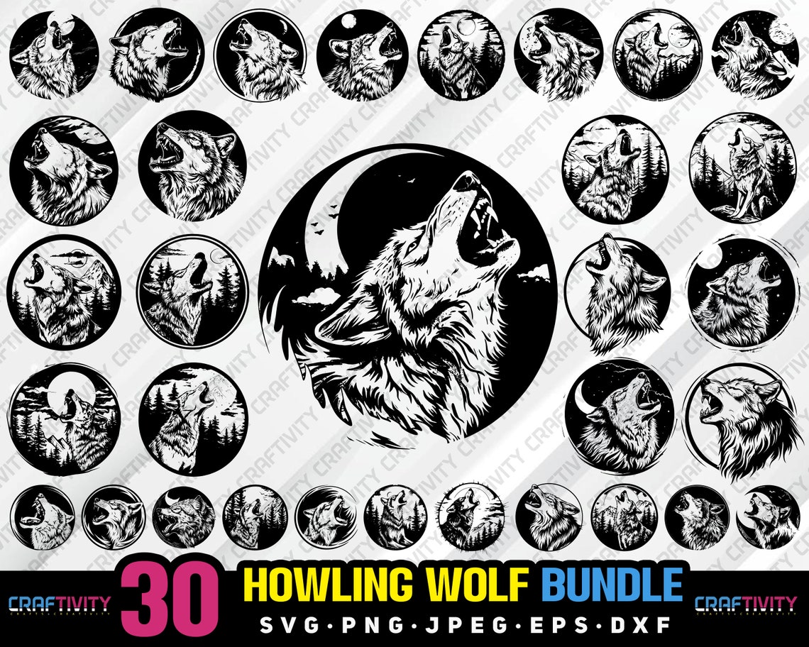 Howling Wolf Bundle Svg Png Jpeg Eps Dxf Bundle Silhouette Clipart ...