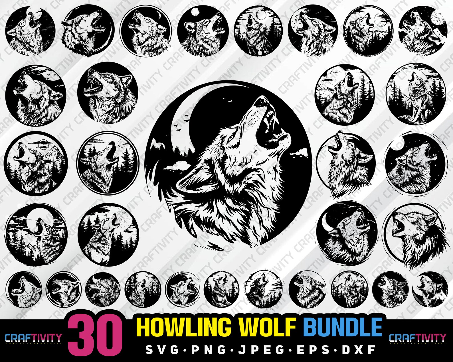 Howling Wolf Bundle Svg Png Jpeg Eps Dxf Bundle Silhouette Clipart Cricut Vector Commercial Use ...