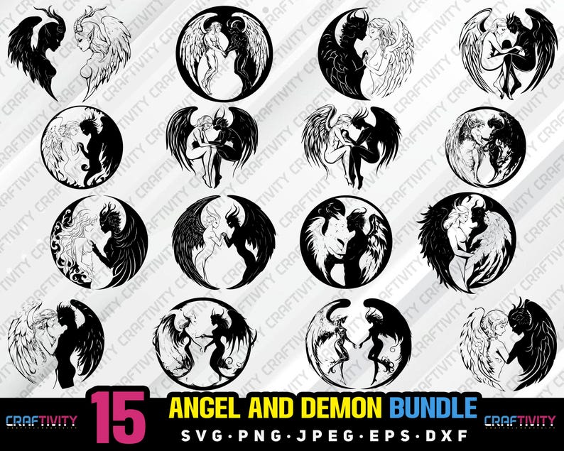 Angel and Demon Bundle Svg Png Jpeg Eps Dxf Engrave Silhouette Clipart ...