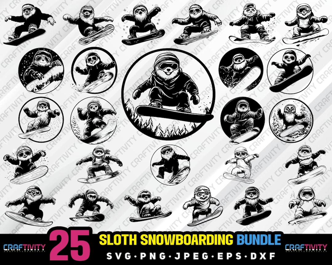 Sloth Snowboarding Bundle Svg Png Jpeg Eps Dxf Engrave Silhouette ...