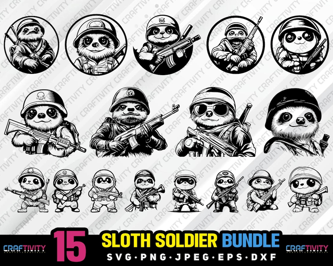 Sloth Soldier Bundle Svg Png Jpeg Eps Dxf Engrave Silhouette Clipart ...