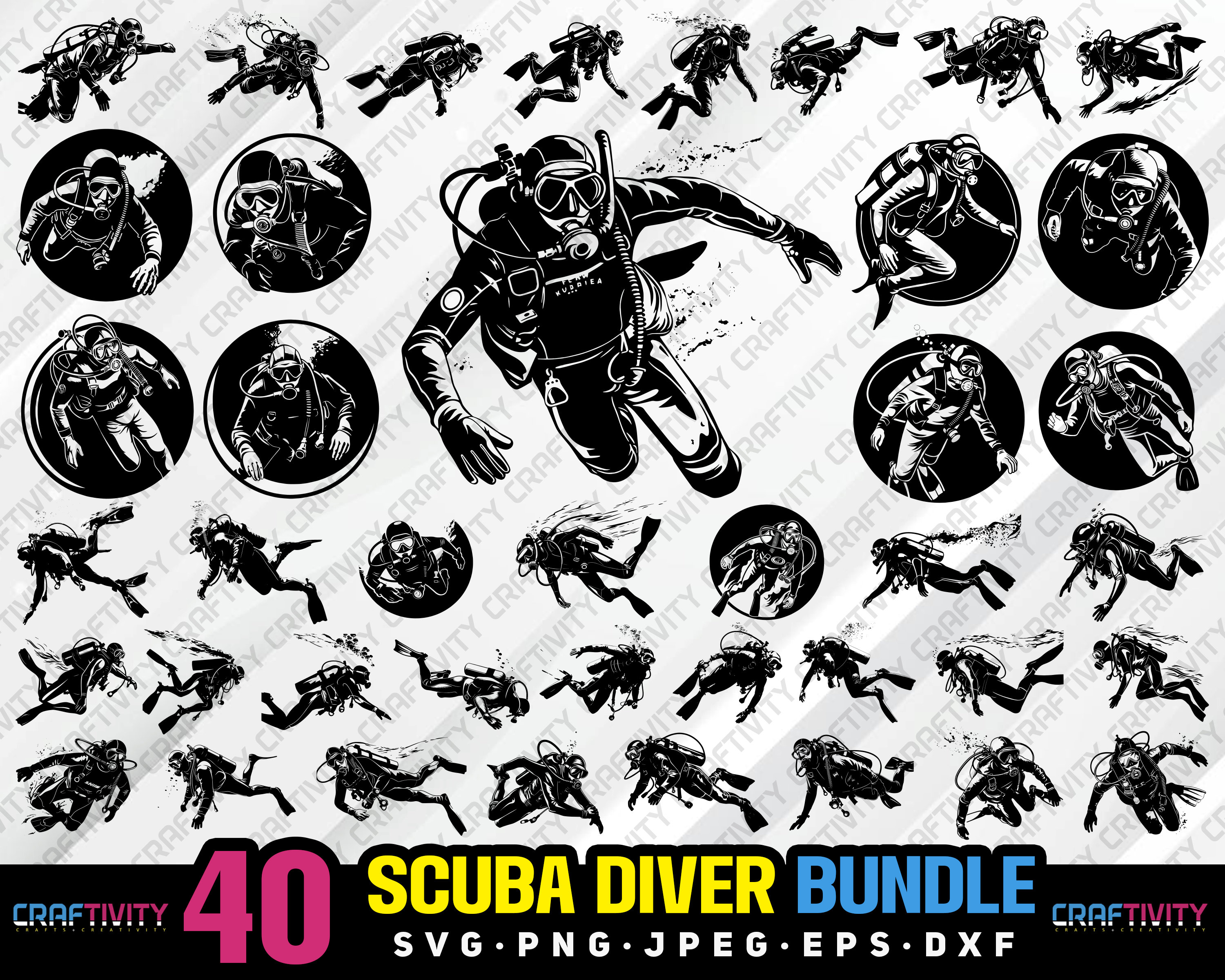 Scuba Diver Clipart Bundle, Diving Silhouette Vector (digital Download ...