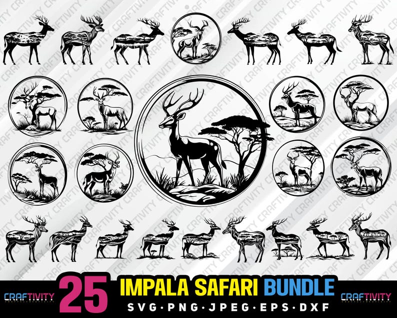 Impala Safari Bundle Svg Png Jpeg Eps Dxf Engrave Silhouette Clipart ...
