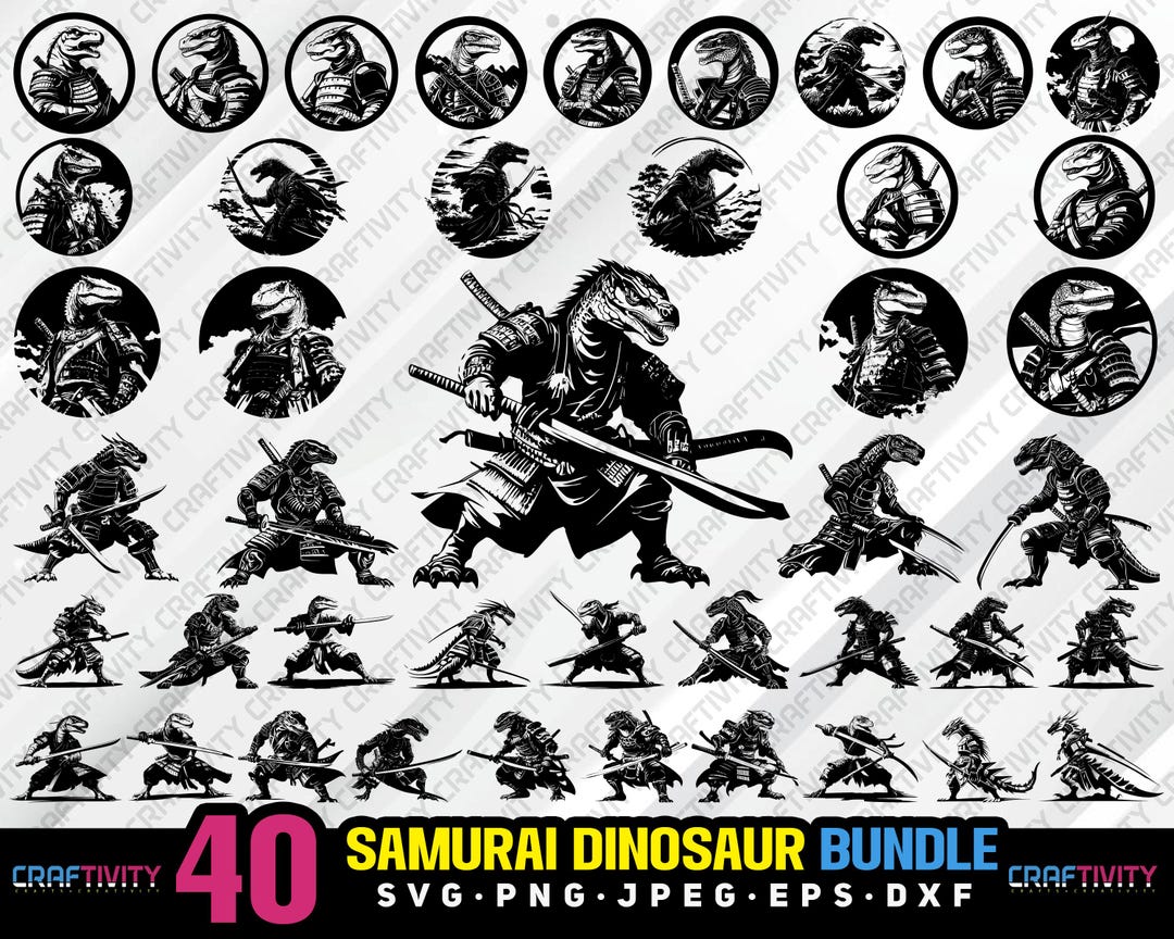 Samurai Dinosaur Bundle Svg Png Jpg Eps Dxf Bundle Silhouette Clipart ...