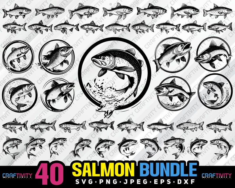 Salmon Bundle Svg Png Jpeg Eps Dxf Bundle Silhouette Clipart Cricut ...