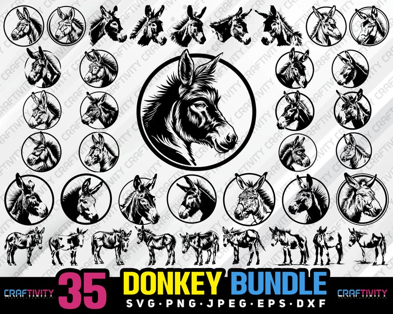 Donkey Bundle Svg Png Jpeg Eps Dxf Bundle Silhouette Clipart Cricut ...