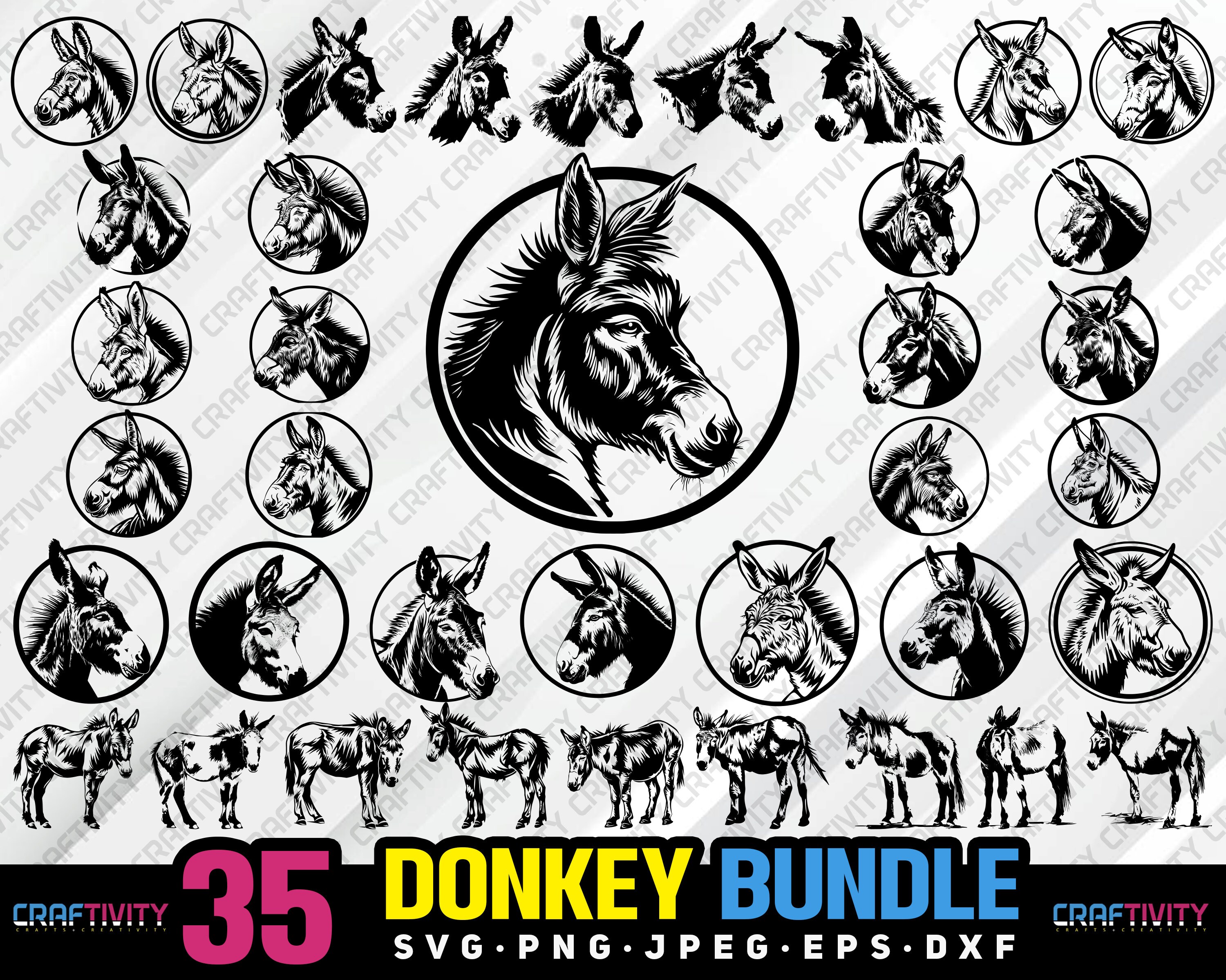 Donkey Bundle Svg Png Jpeg Eps Dxf Bundle Silhouette Clipart Cricut ...