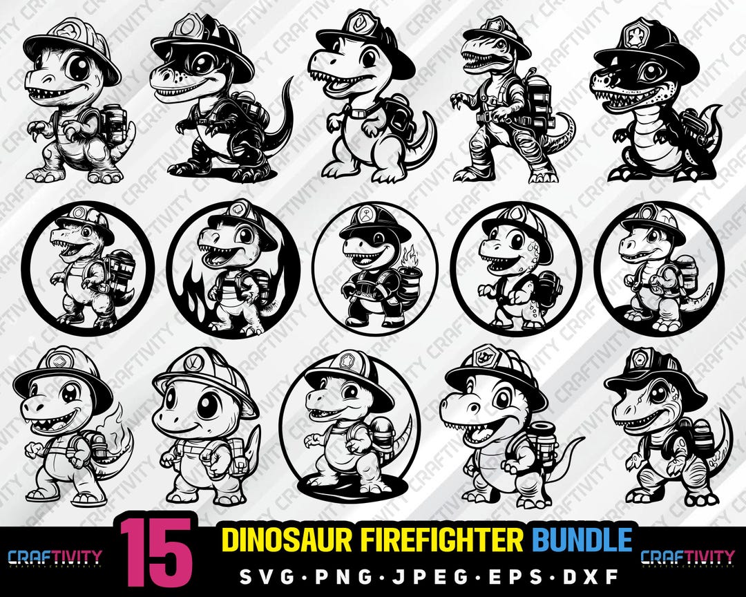 Dinosaur Firefighter Bundle Svg Png Jpeg Eps Dxf Bundle Silhouette ...