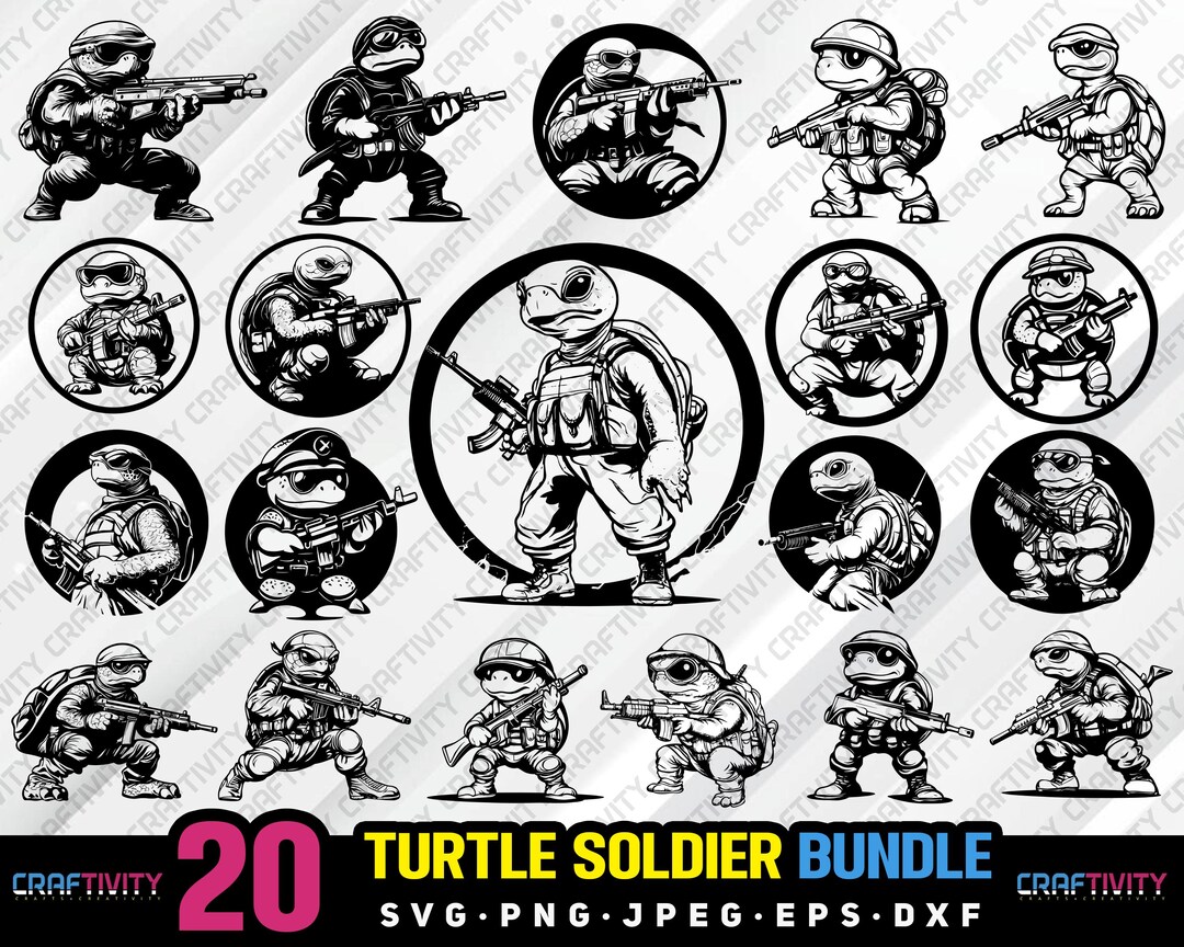 Turtle Soldier Bundle Svg Png Jpeg Eps Dxf Engrave Silhouette Clipart ...