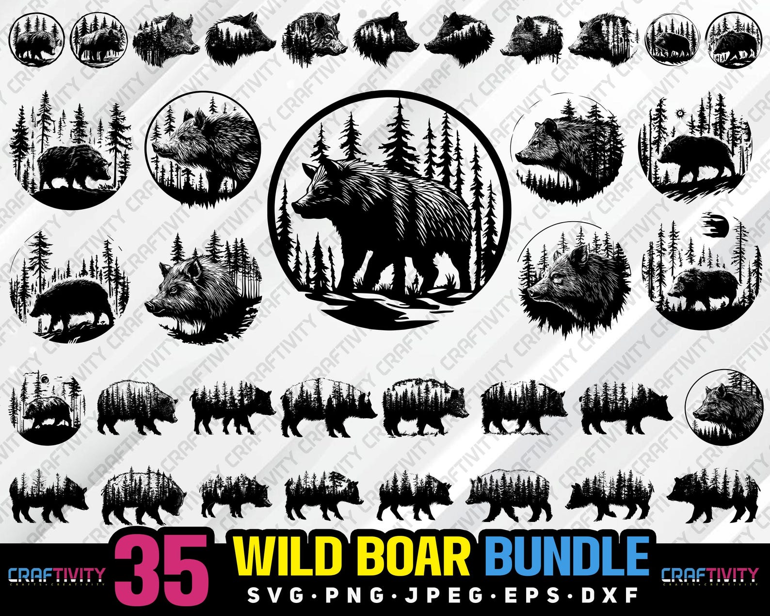 Wild Boar Bundle Svg Png Jpeg Eps Dxf Engrave Silhouette Clipart Cricut ...