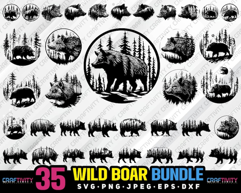 Wild Boar Bundle Svg Png Jpeg Eps Dxf Engrave Silhouette Clipart Cricut ...