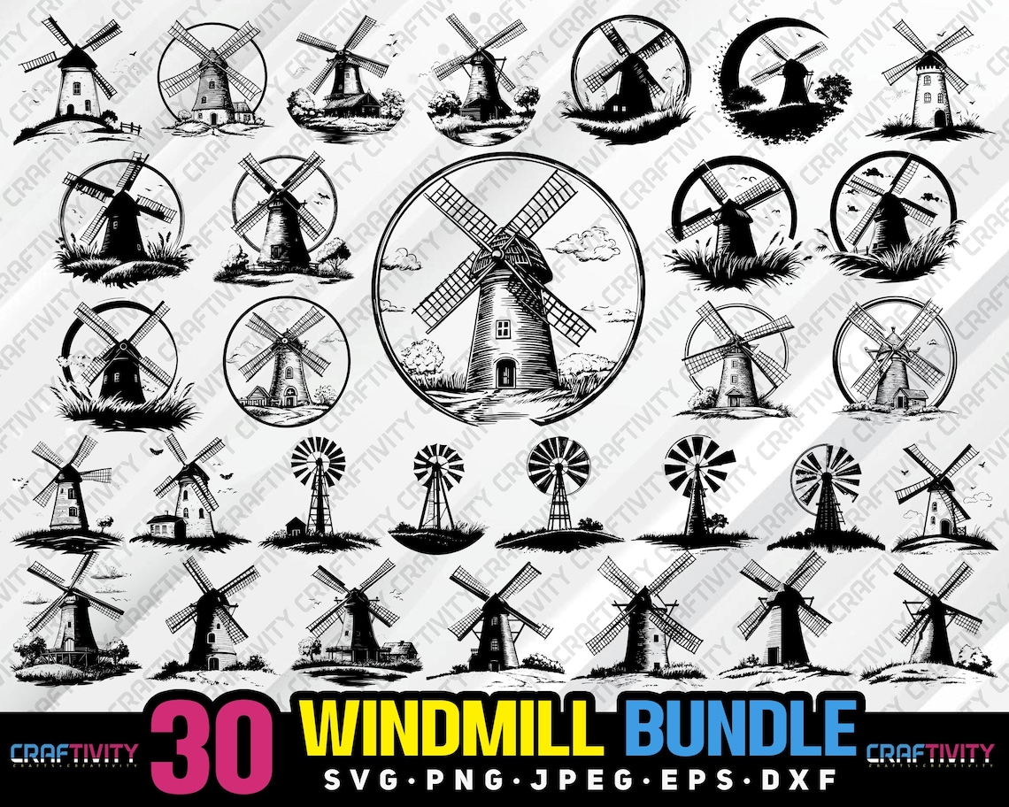 Windmill Vector Clipart Bundle: Silhouette, Cricut, Laser Cut (digital ...