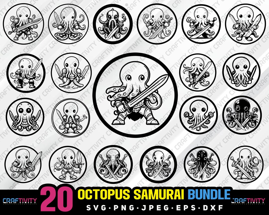 Cute Octopus Samurai Bundle Svg Png Jpeg Eps Dxf Engrave Silhouette ...