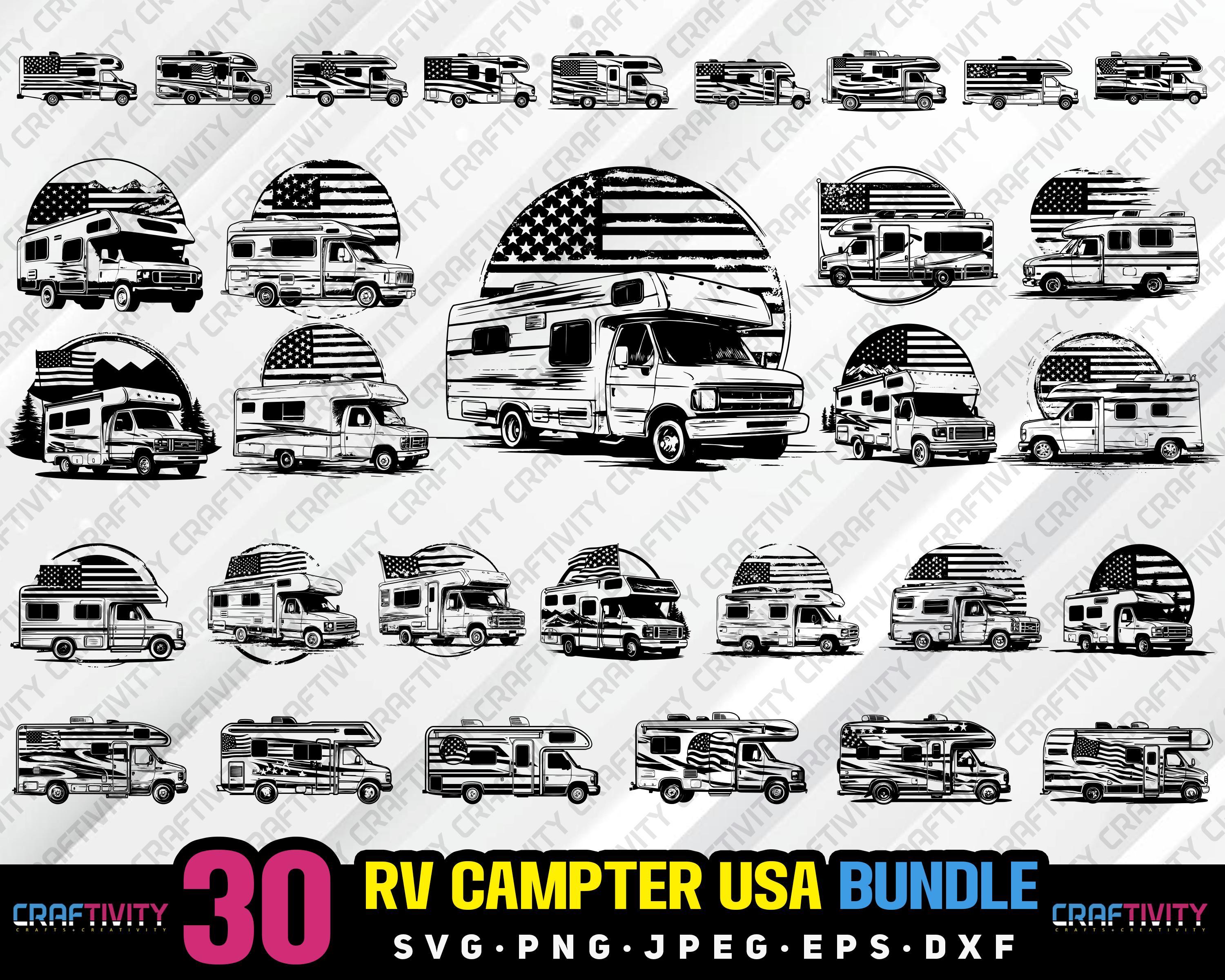 Rv Camper Usa Bundle Svg Png Jpeg Eps Dxf Engrave Silhouette Clipart ...