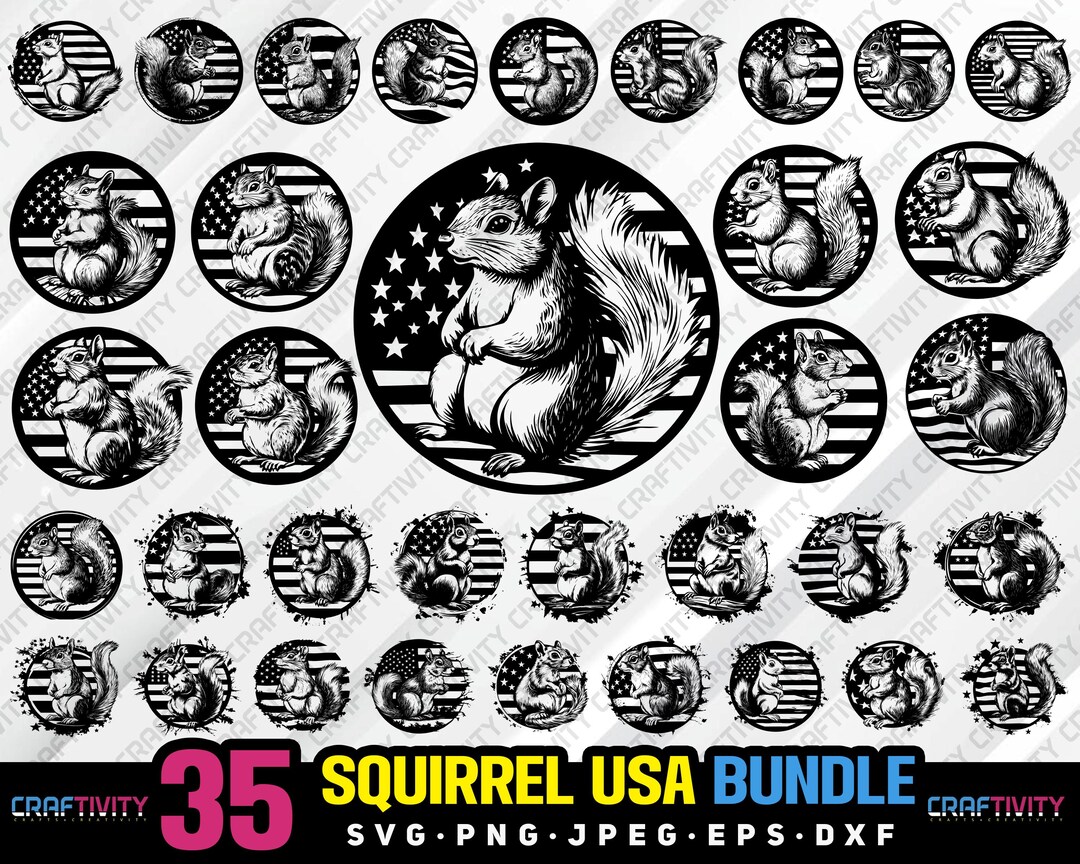 Squirrel Usa Bundle Svg Png Jpeg Eps Dxf Engrave Silhouette Clipart ...