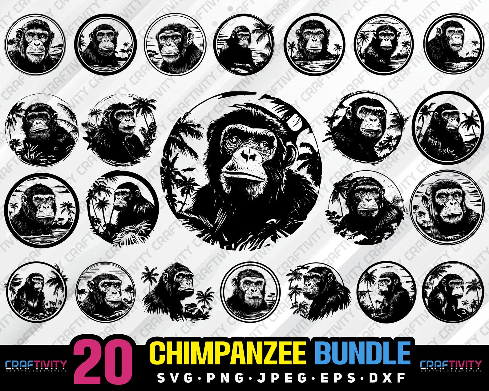 Chimpanzee Bundle Svg Png Jpeg Eps Dxf Engrave Silhouette Clipart ...