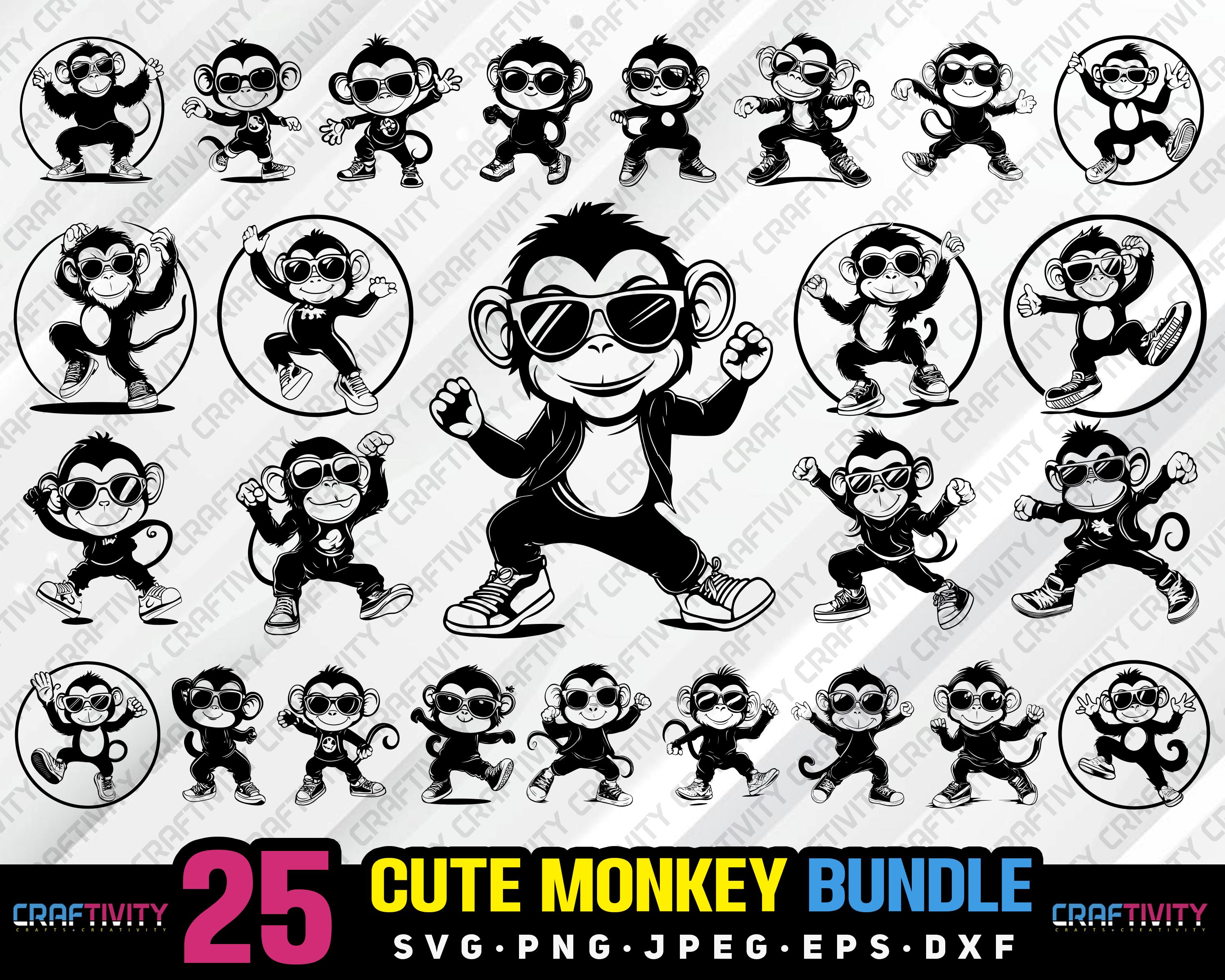Cute Monkey Bundle Svg Png Jpeg Eps Dxf Engrave Silhouette Clipart ...