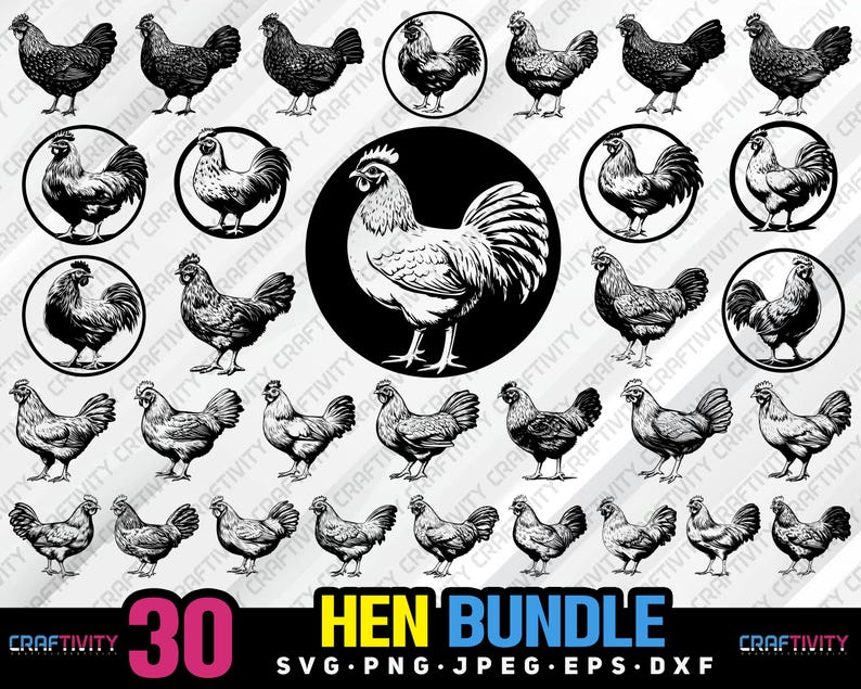 Hen Clipart Bundle: Chicken Farm Animal Vector (svg, Png, Jpg, Eps, Dxf ...