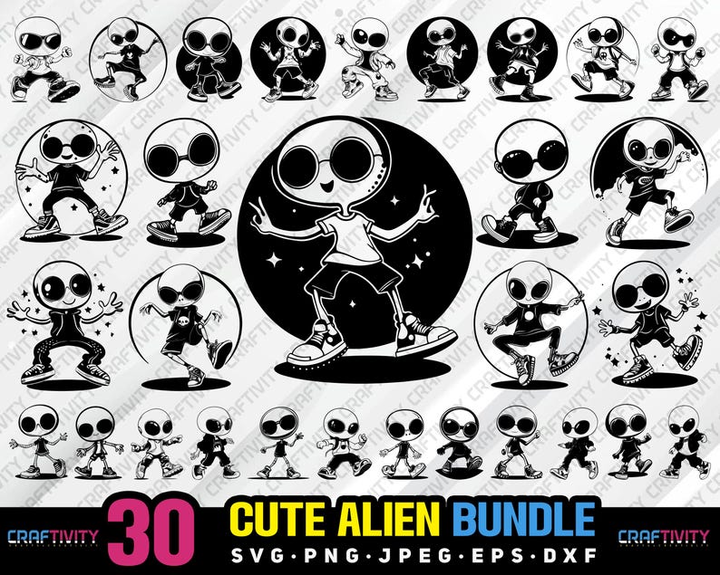Cute Alien Bundle Svg Png Jpeg Eps Dxf Engrave Silhouette Clipart ...