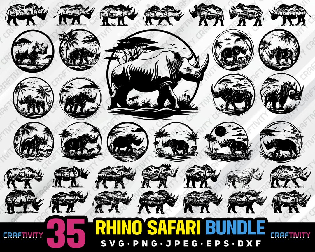 Rhino Safari Bundle Svg Png Jpeg Eps Dxf Engrave Silhouette Clipart ...