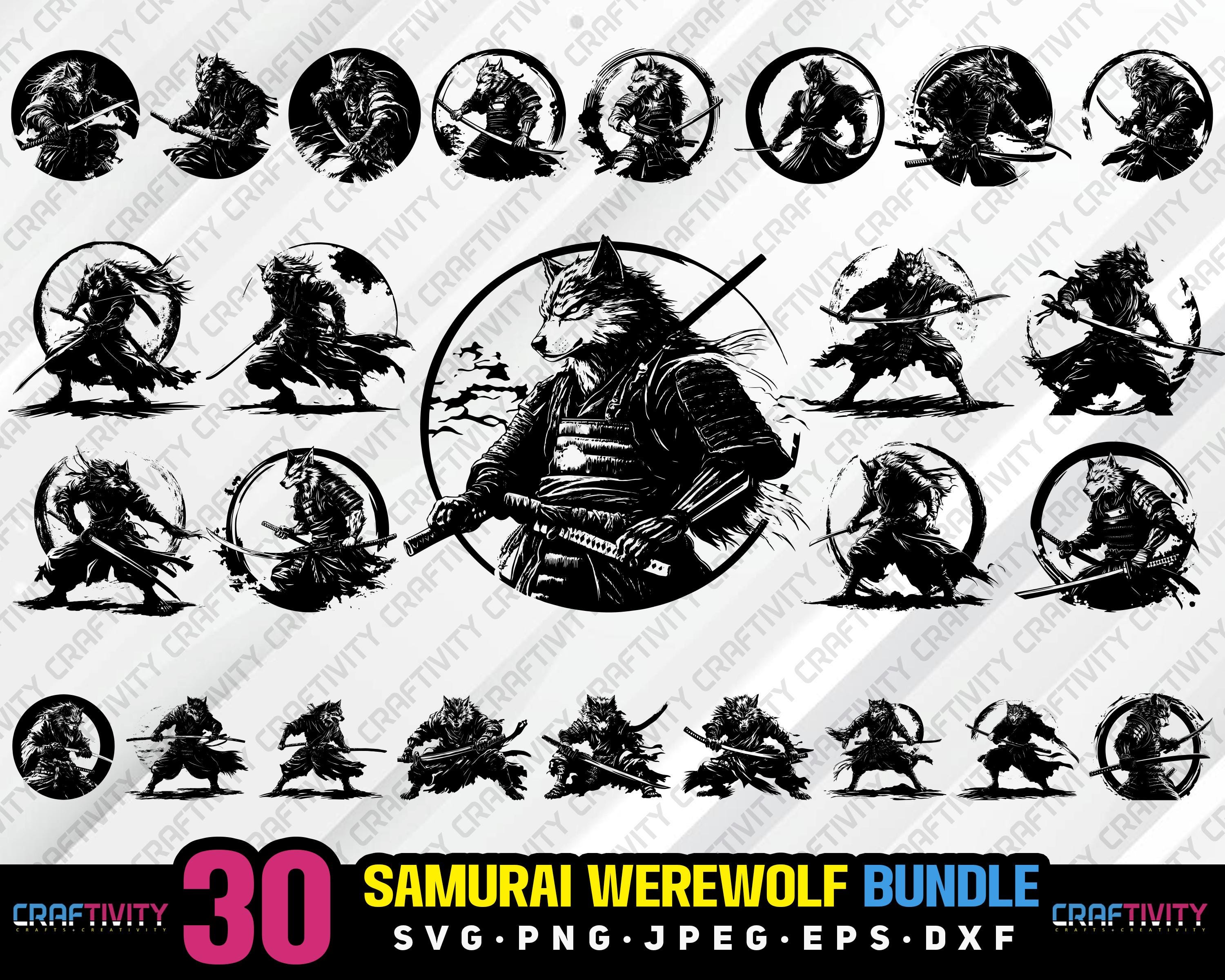 Samurai Werewolf Bundle Svg Png Jpeg Eps Dxf Engrave Silhouette Clipart ...